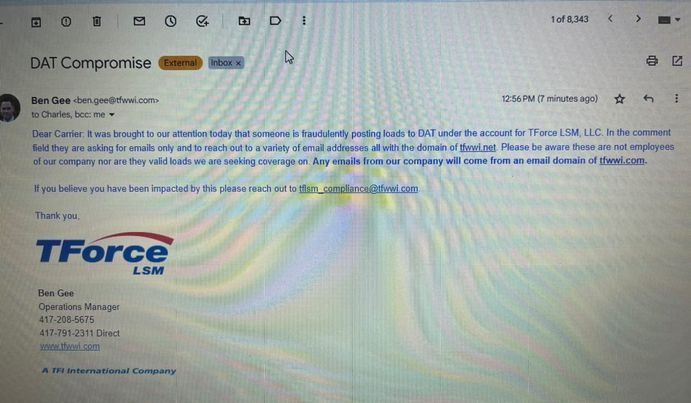 TForce Alerts of DAT Load Posting Scam